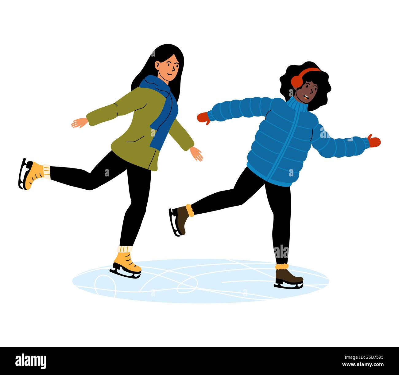 Two girls glide gracefully across a frozen surface, enjoying a cheerful day of ice skating. They ...