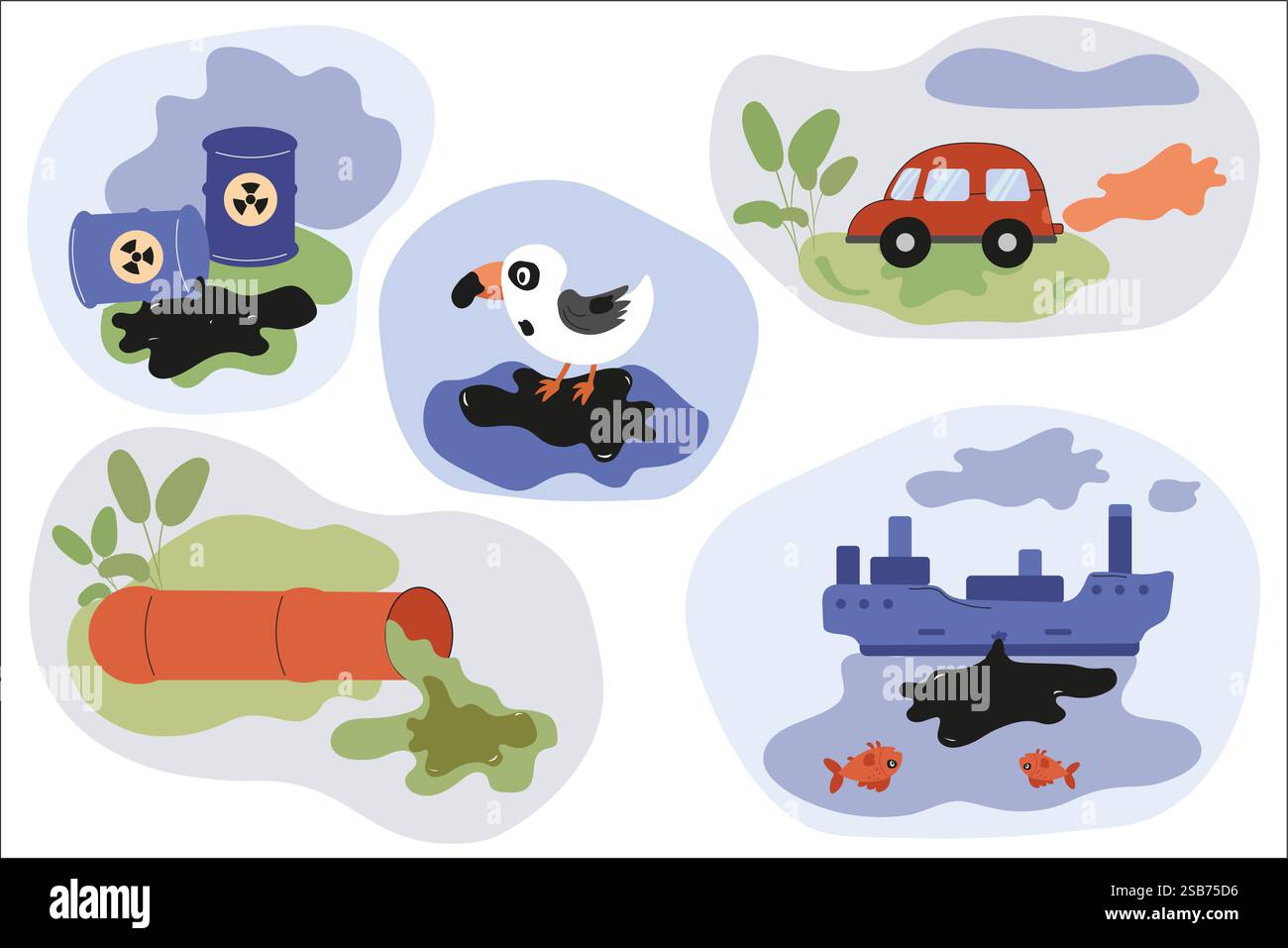 Illustrations showcase environmental pollution, including oil spills ...