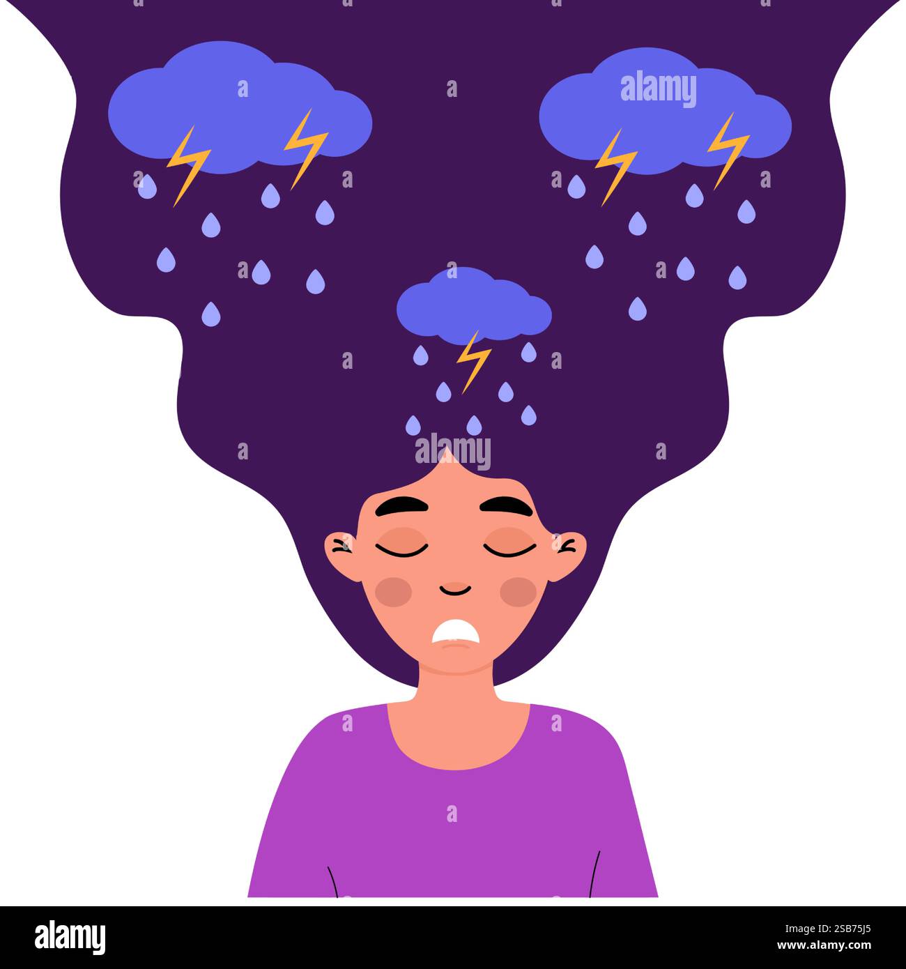 A young woman with closed eyes expresses her emotions as storm clouds ...