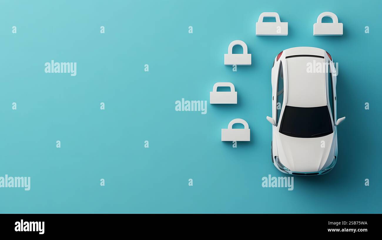 Isolated white vehicle with floating insurance policy icons,modern ...