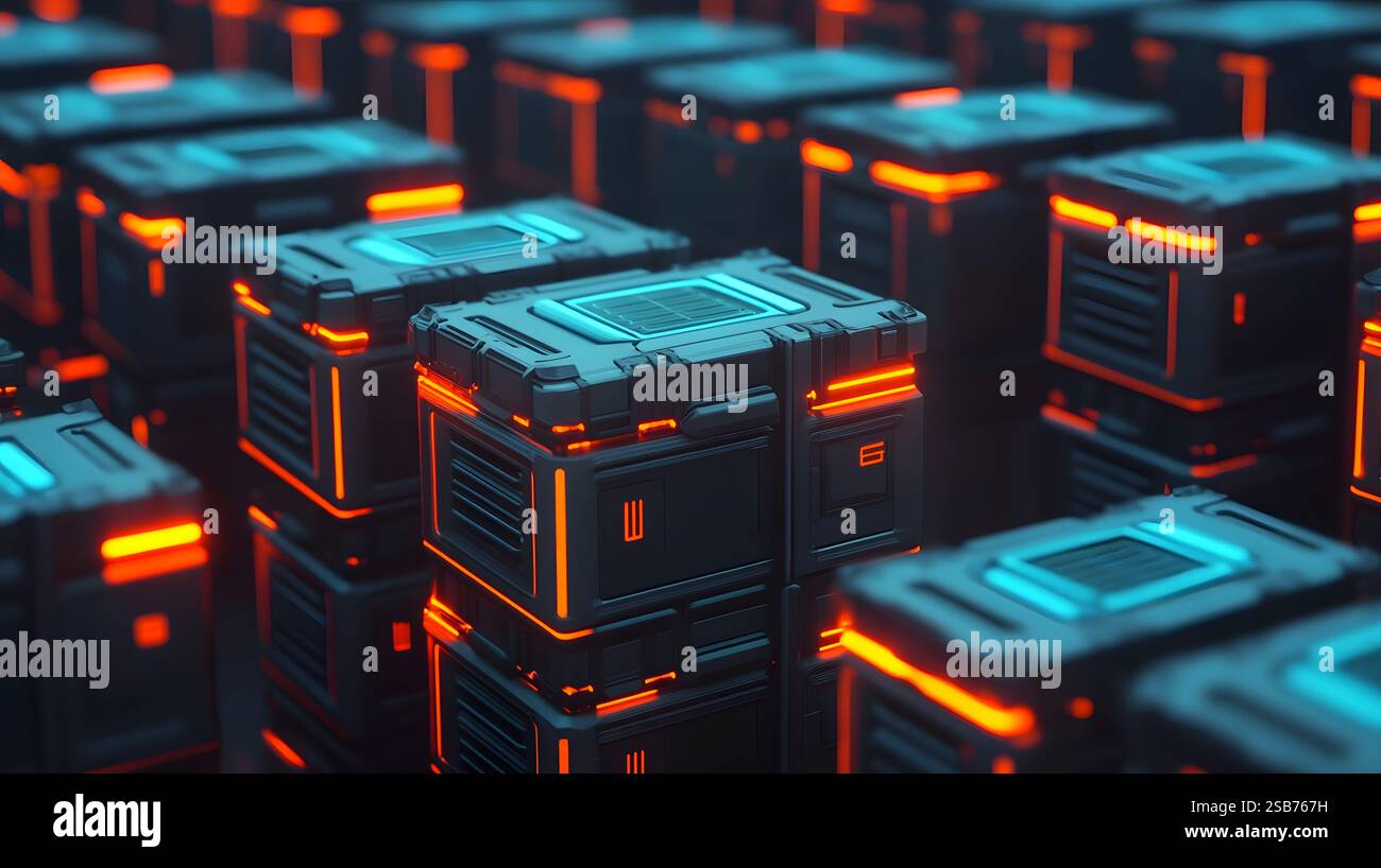 Futuristic digital tracking tags attached to cargo boxes in a smart ...