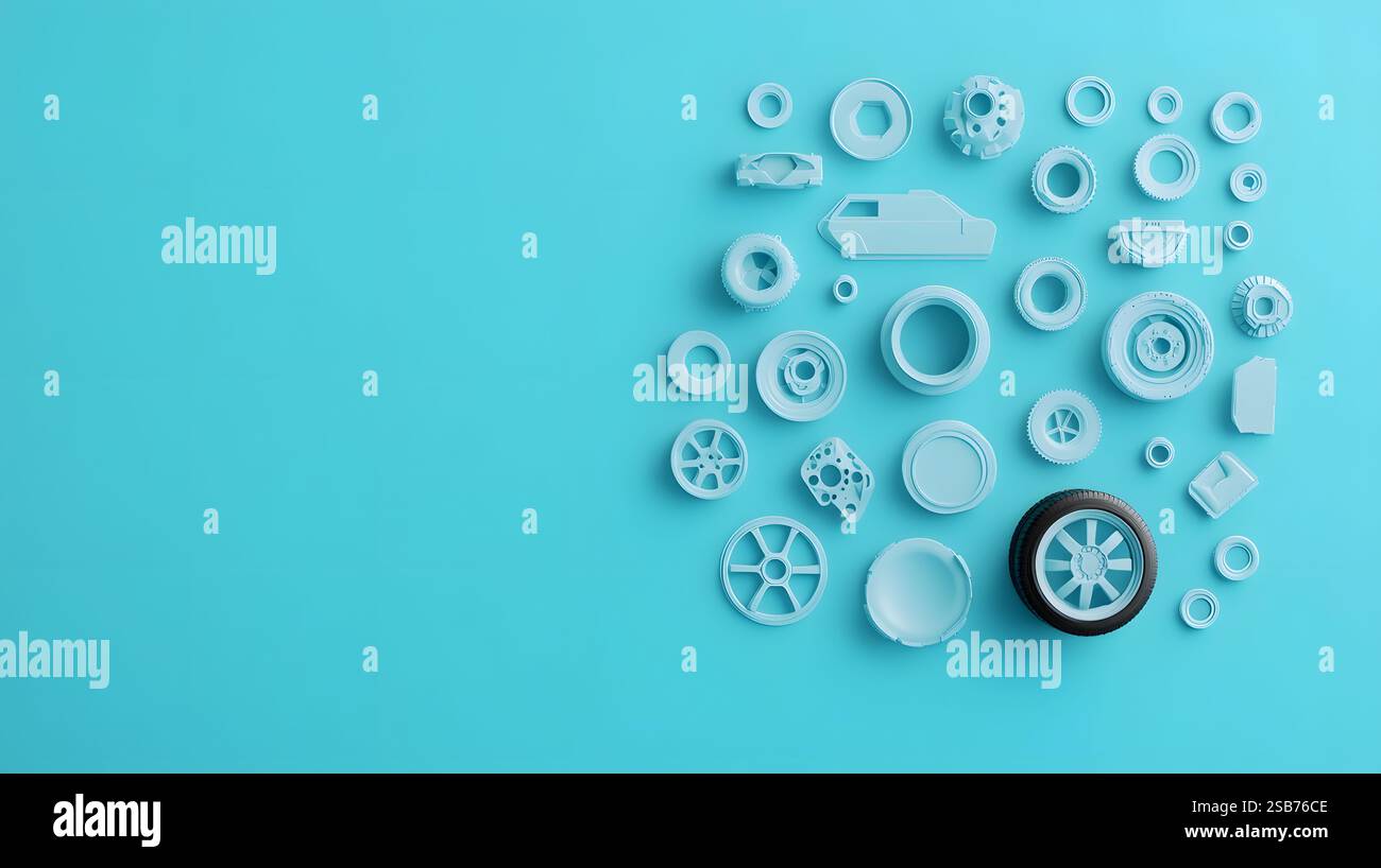 Abstract floating car parts forming a secure whole,representing ...