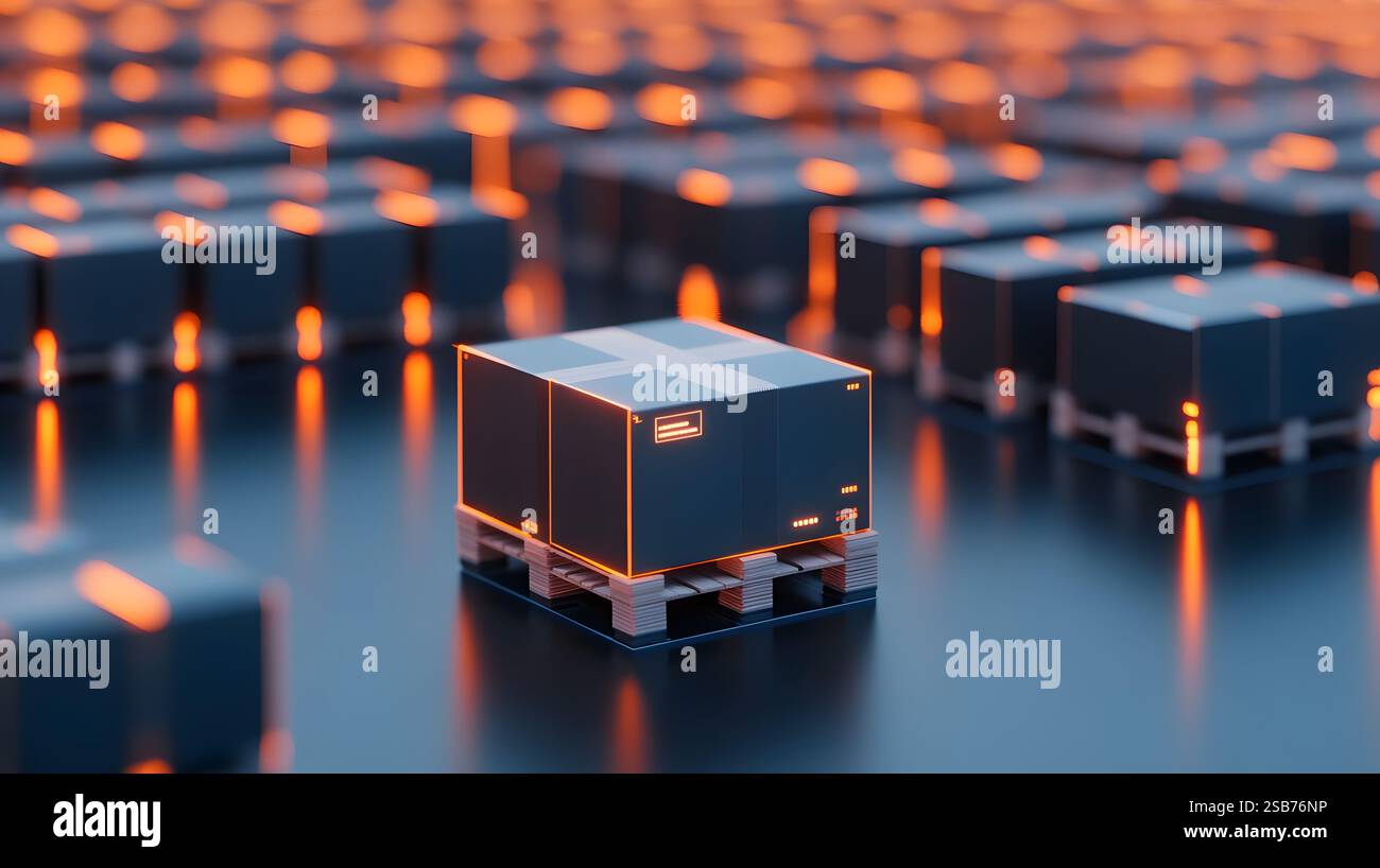 Simplified warehouse layout with glowing cargo tracking icons,modern 3D ...