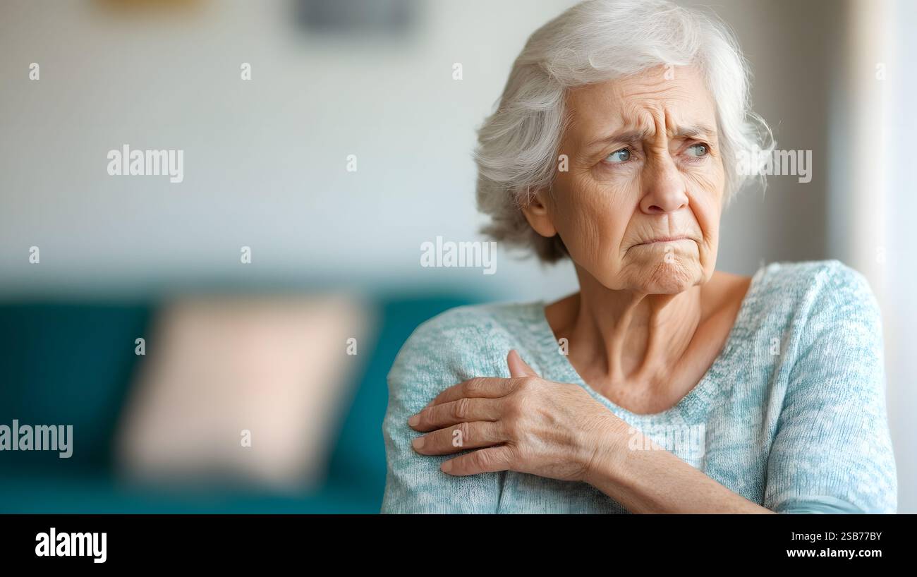 Elderly female senior citizen sitting at home with visible signs and ...
