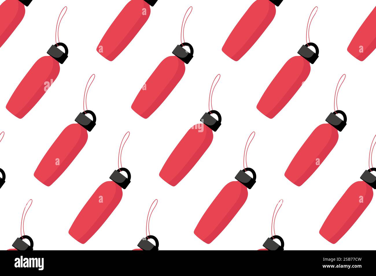 A collection of red water bottles with black lids and straps is ...