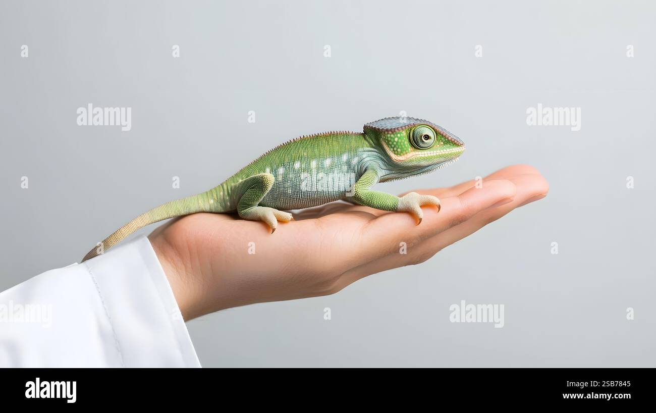 Closeup of a green chameleon lizard being handled carefully by a ...