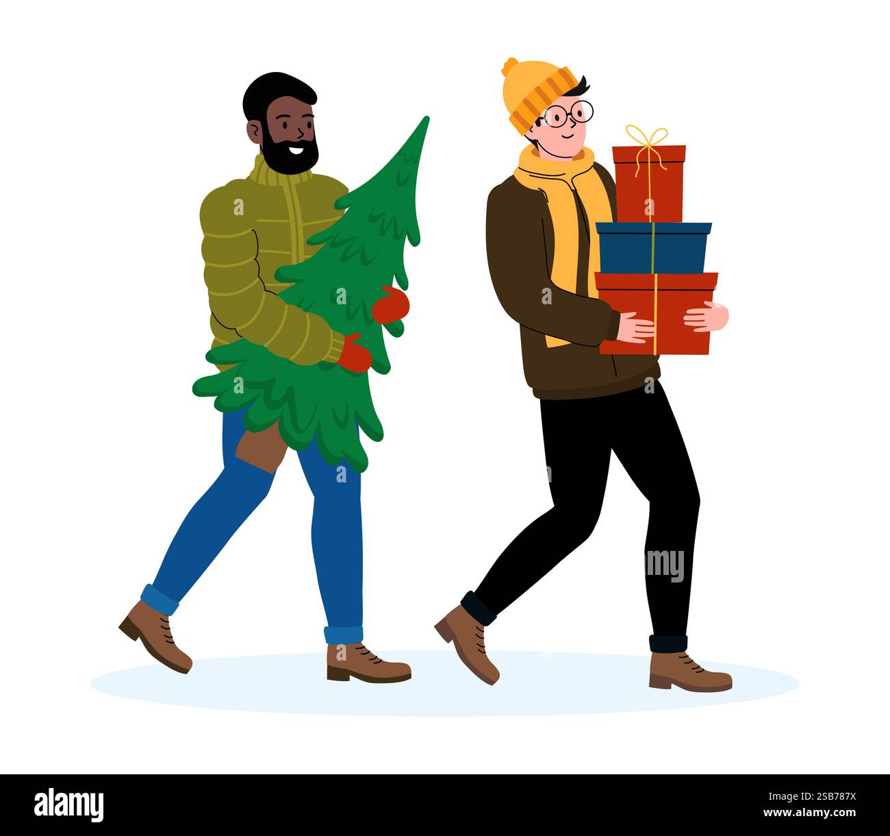 Two friends walk together in a winter setting, one carrying a green ...