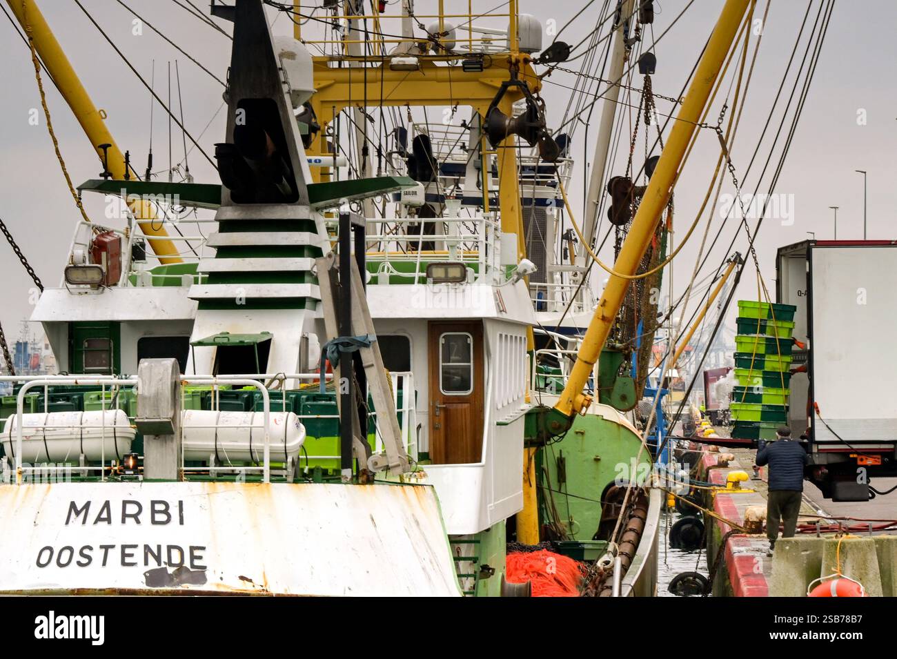 Le Havre, France, Europe - 16 January 2025: Dock worker loading a lorry ...