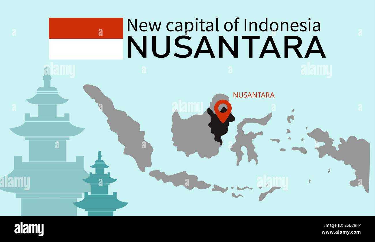 A map of Indonesia with a red pin marking the location of the new ...