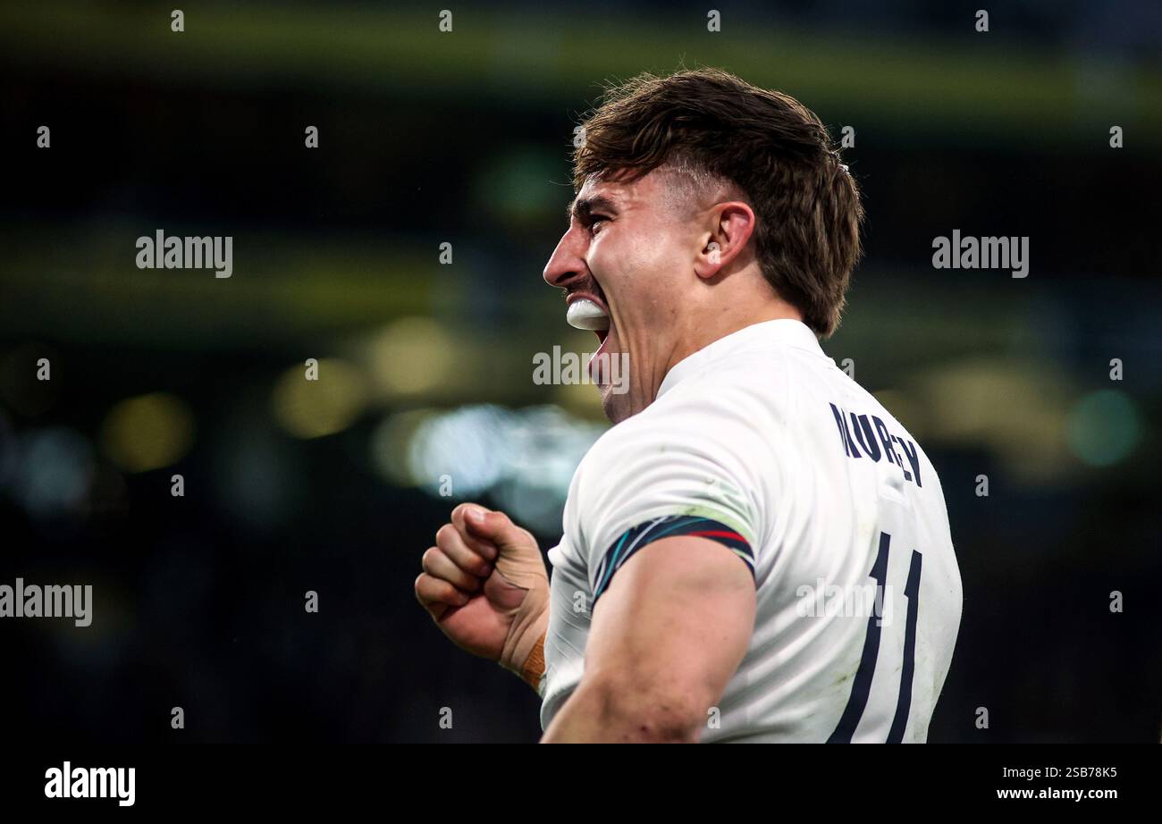 England's Cadan Murley celebrates scoring a try during the Guinness Men ...