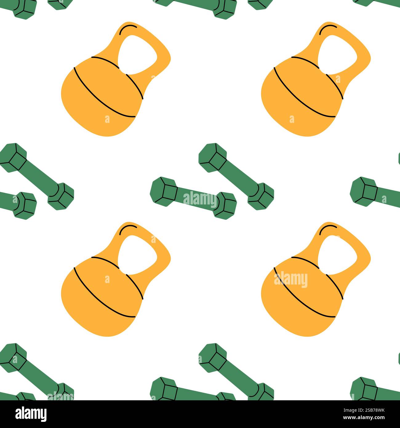 A playful design displays kettlebells and dumbbells in vibrant colors ...