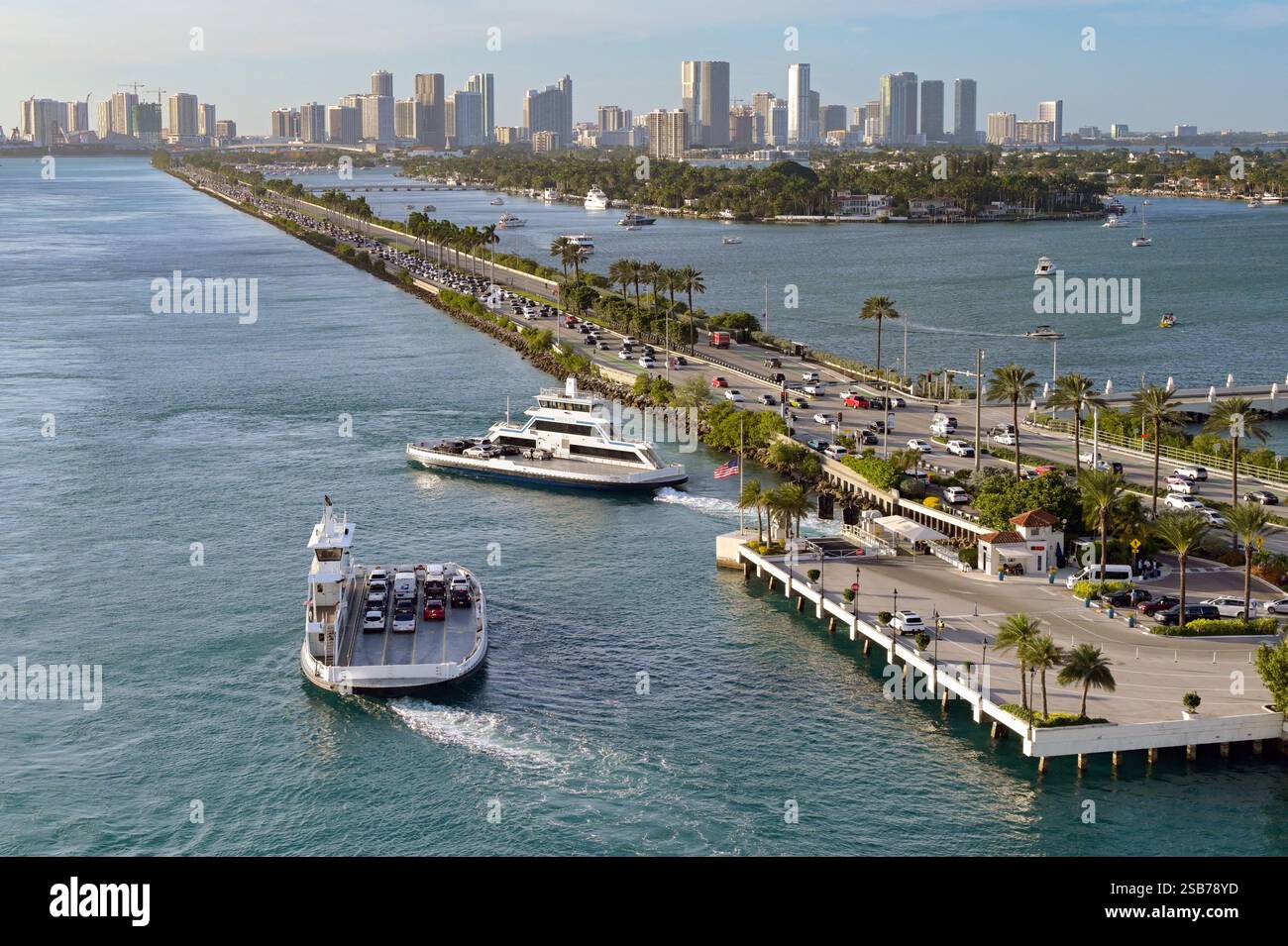 Miami, Florida, USA - 4 January 2025: Aerial view of the car ferries ...