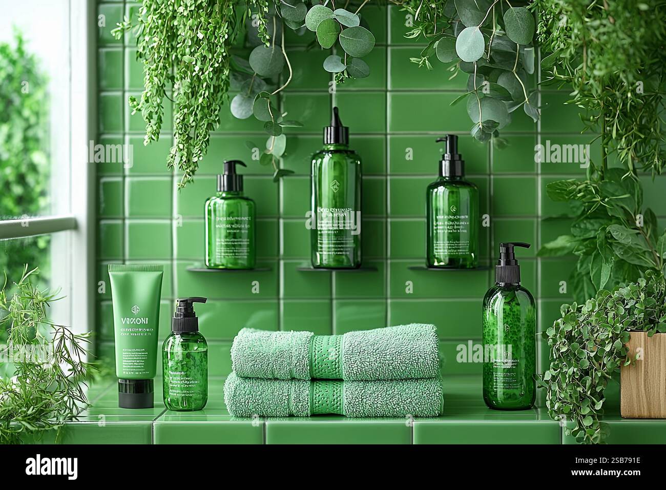 A wellness-focused beauty corner displays green bottles and towels ...