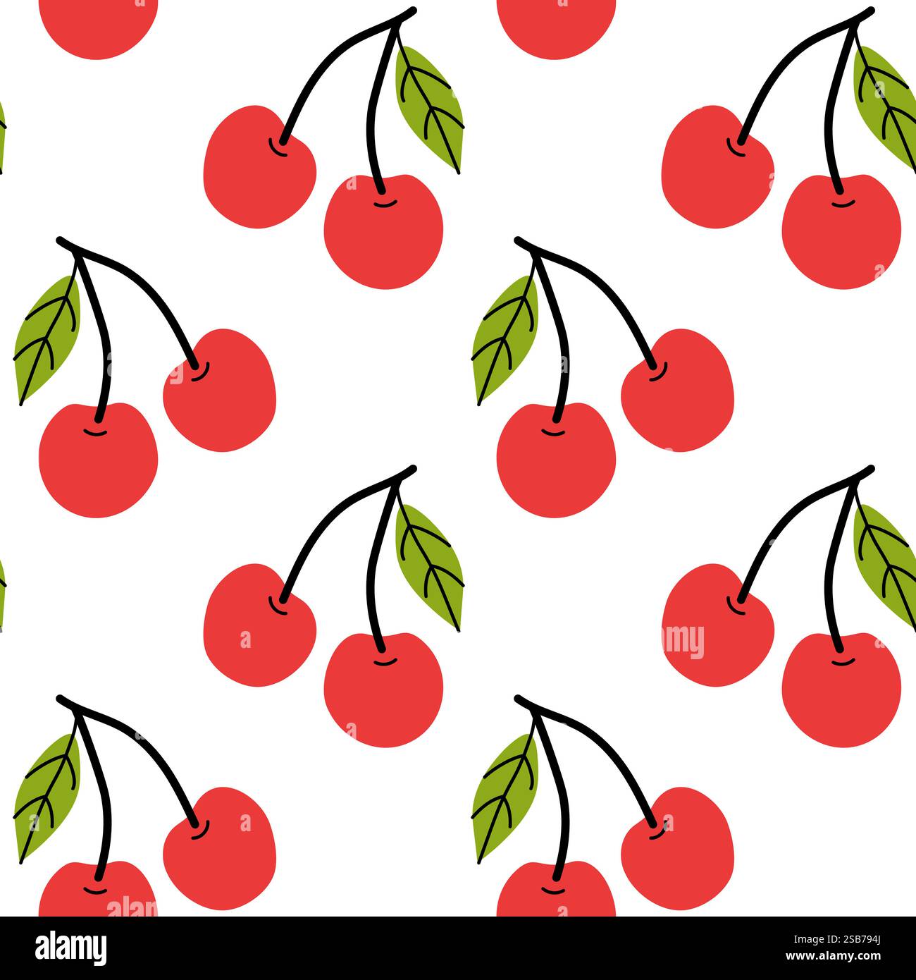 A decorative pattern features bright red cherries with green leaves ...