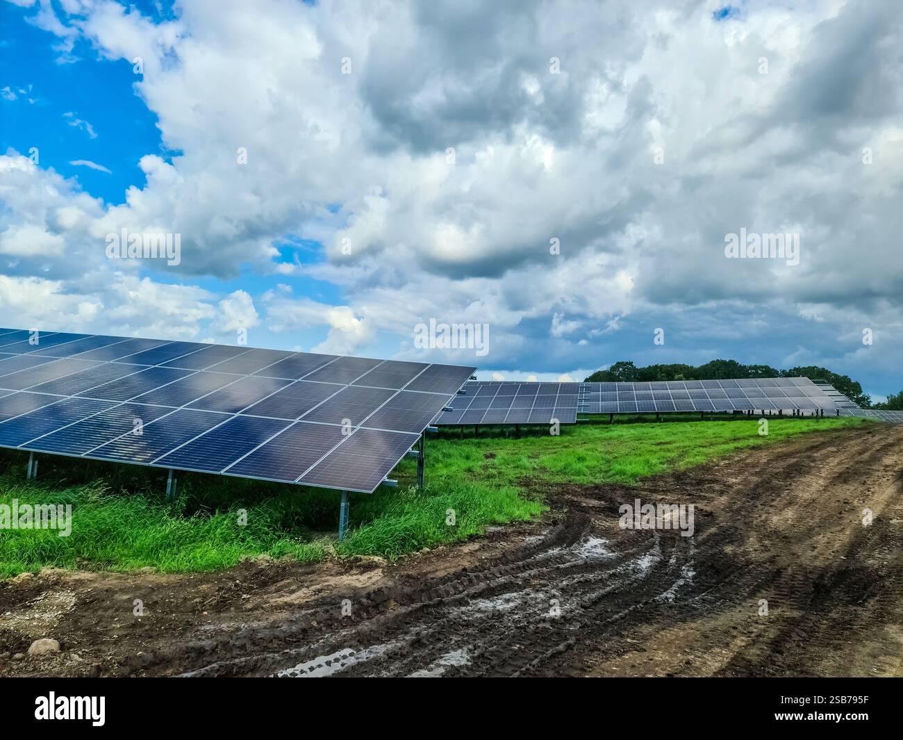 Large photovoltaic panels capturing sunlight in a field, offering a ...