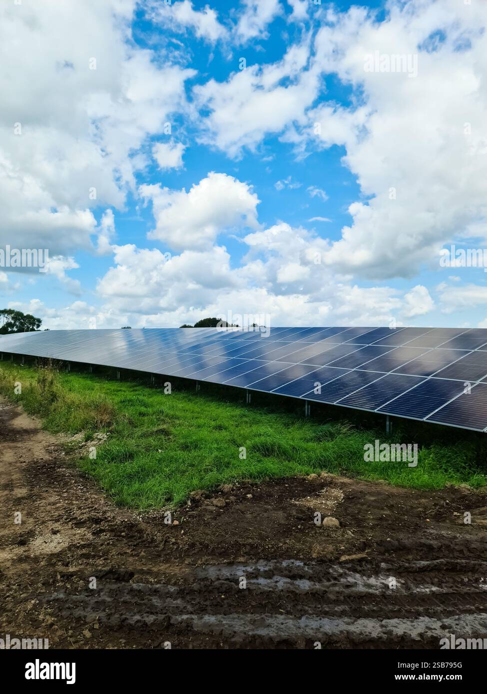 Large photovoltaic plant reflecting clouds in blue sky generating clean ...
