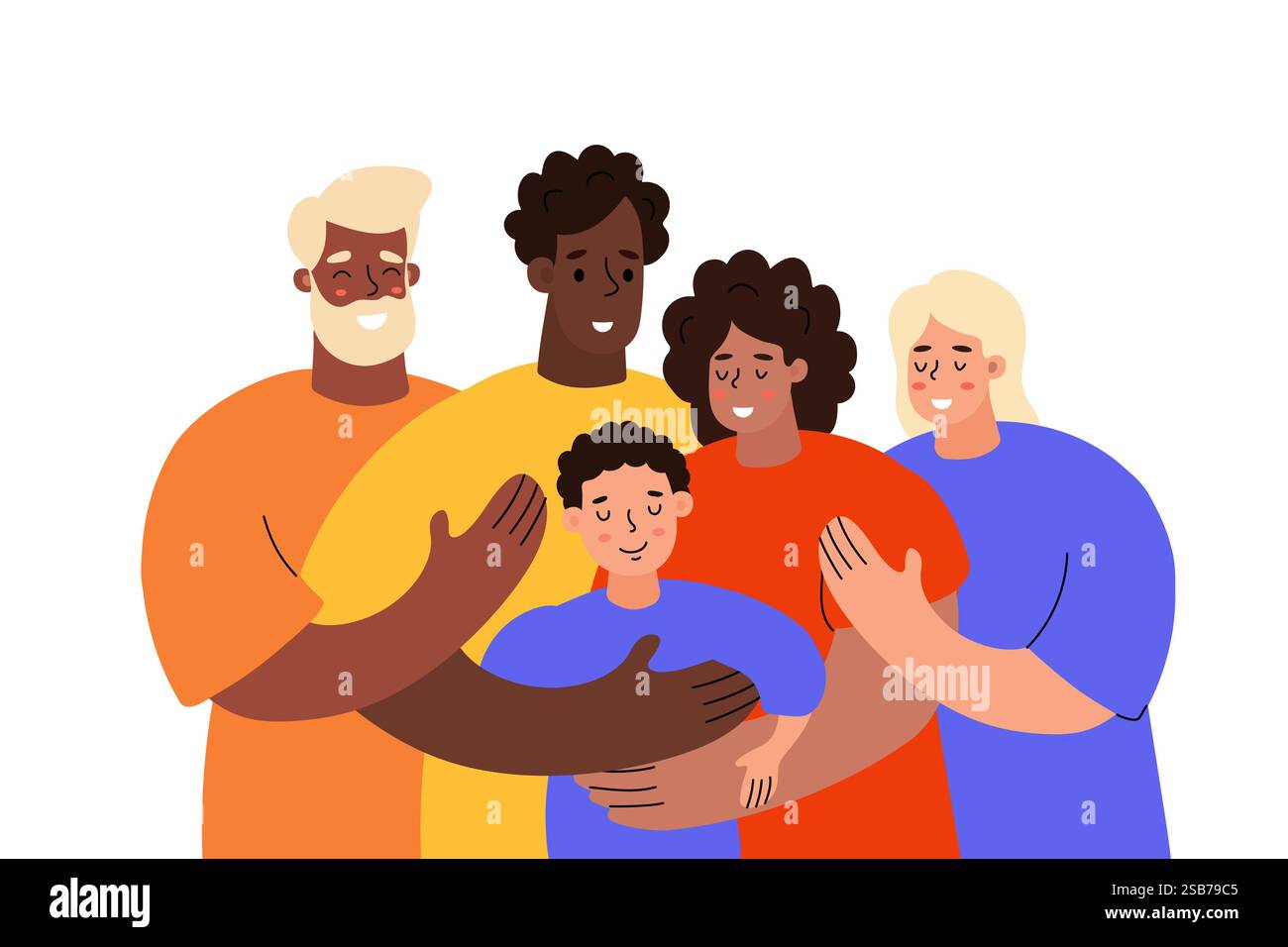 A joyful family of five, dressed in vibrant colors, shares a warm ...