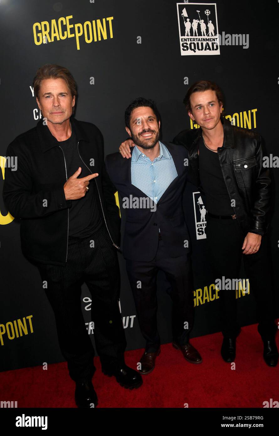 Actor Rob Lowe, director Rory Karpf pose with actor/son John Owen Lowe ...