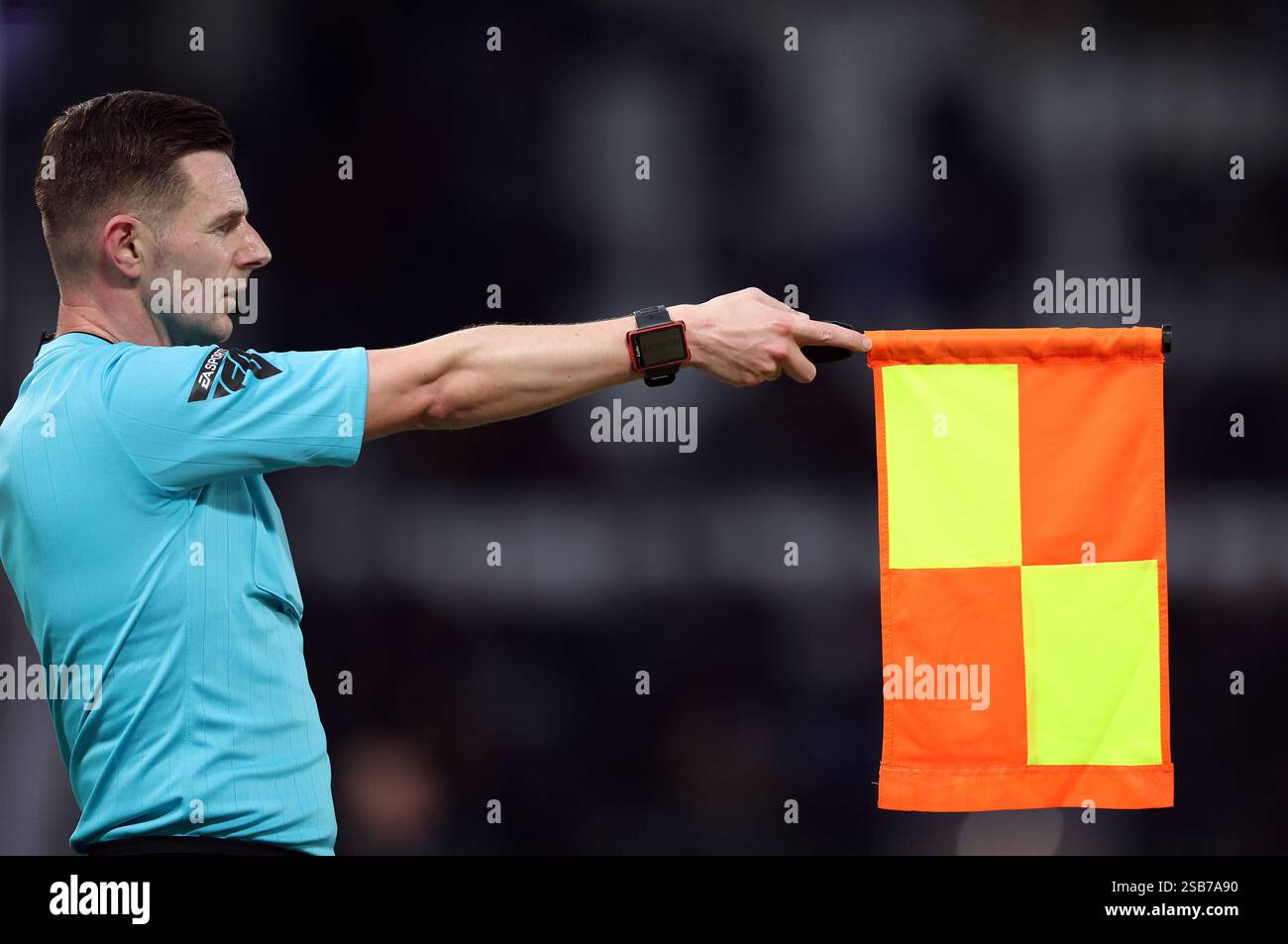 The assistant referee flags for an offside during the Sky Bet Championship match at Pride Park ...