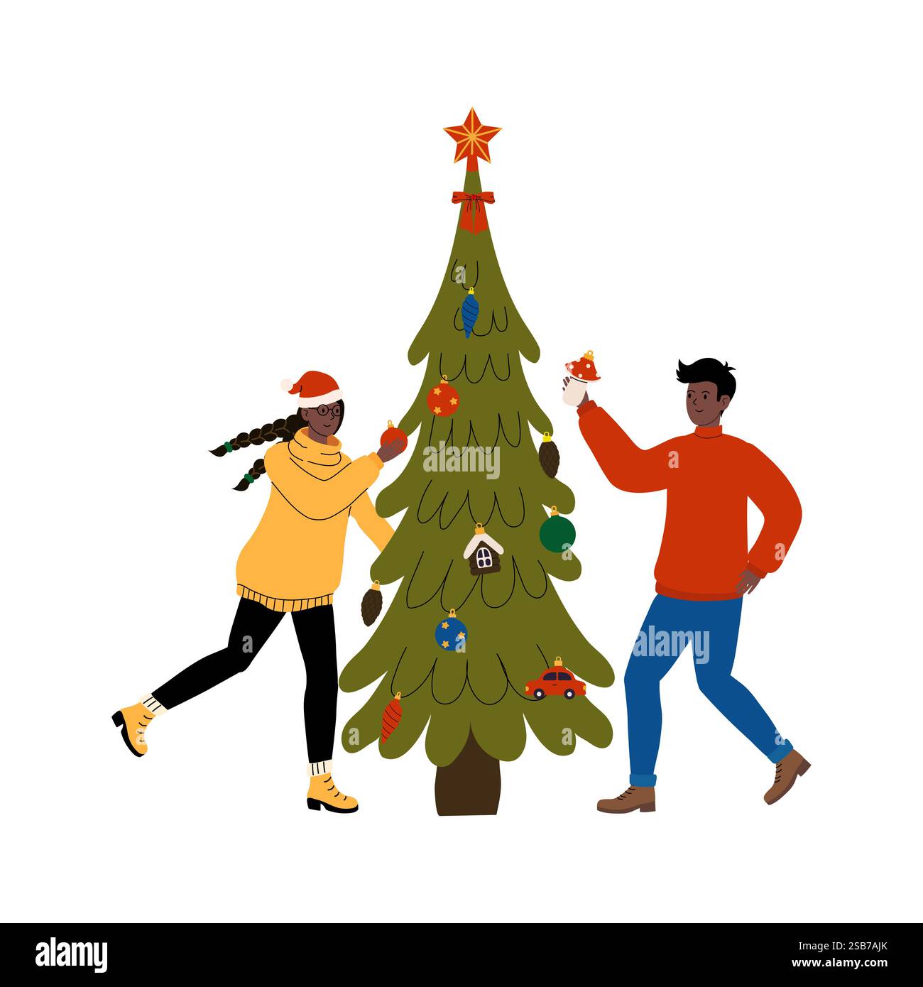 Two friends are happily decorating a Christmas tree in a cozy indoor ...