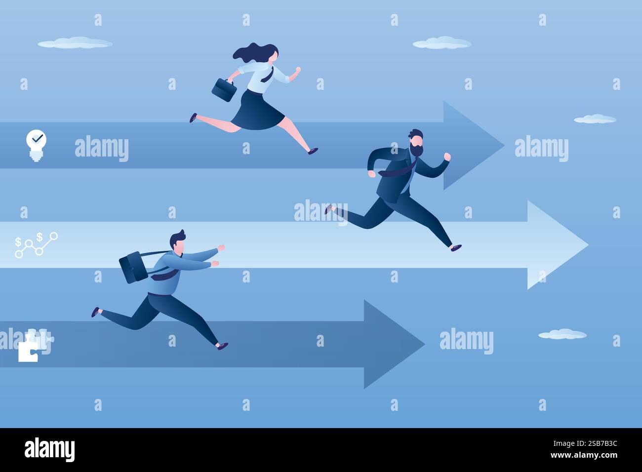 Business competition. Three business persons racing on the arrows ...
