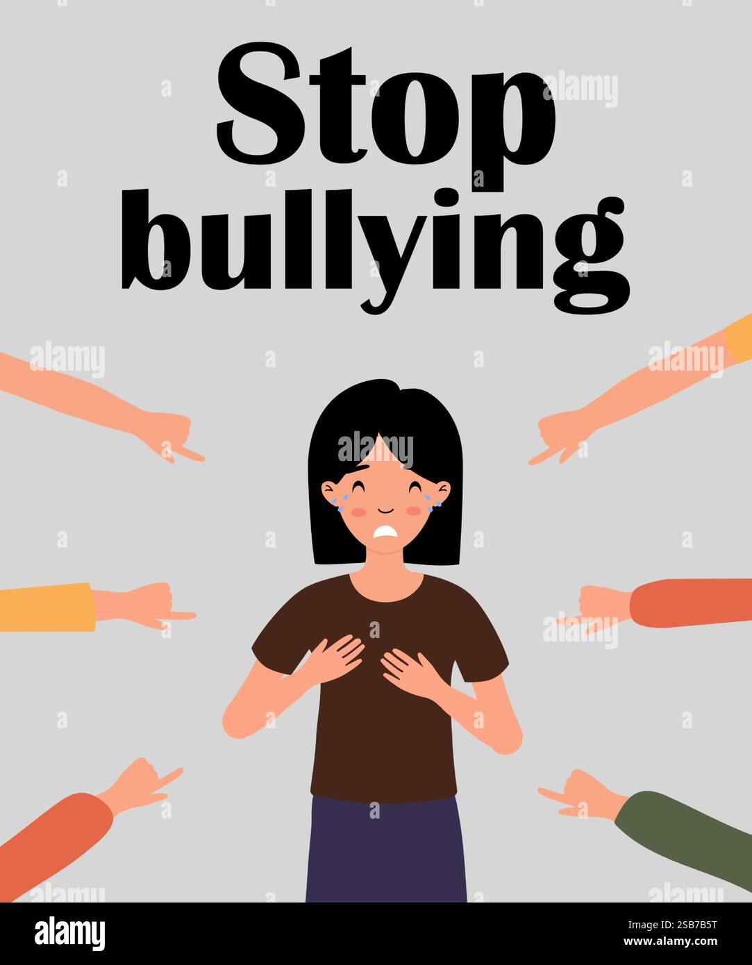 A young girl stands with a distressed expression as multiple hands ...