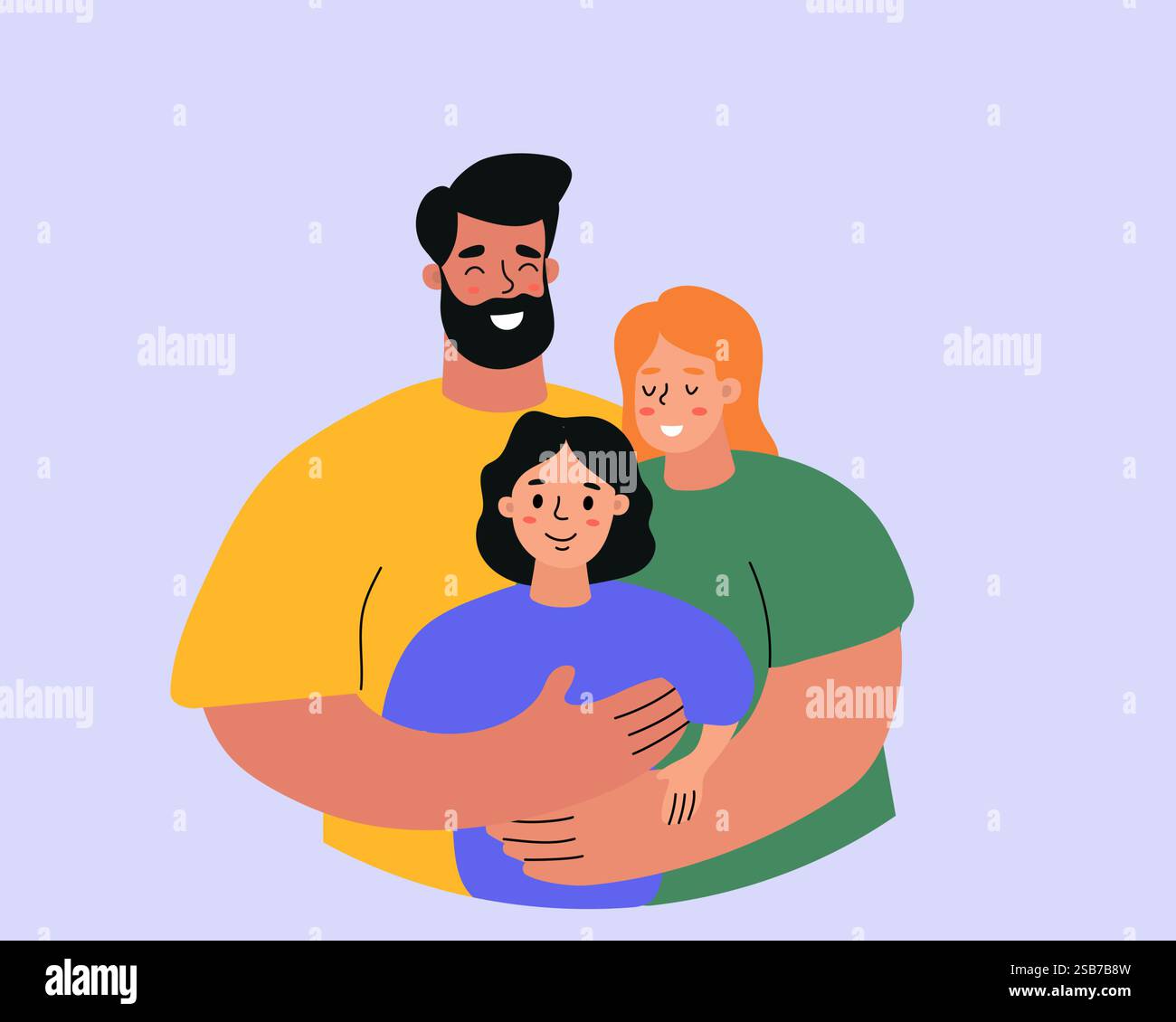 A happy family of three shares a warm embrace, showcasing their joyful ...