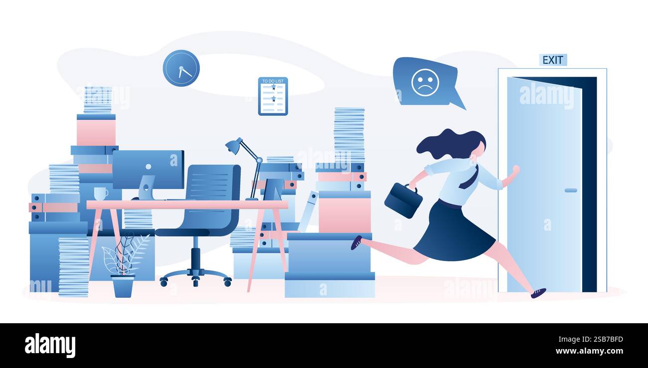 Office worker runs away from work. Female employee and huge heap of ...