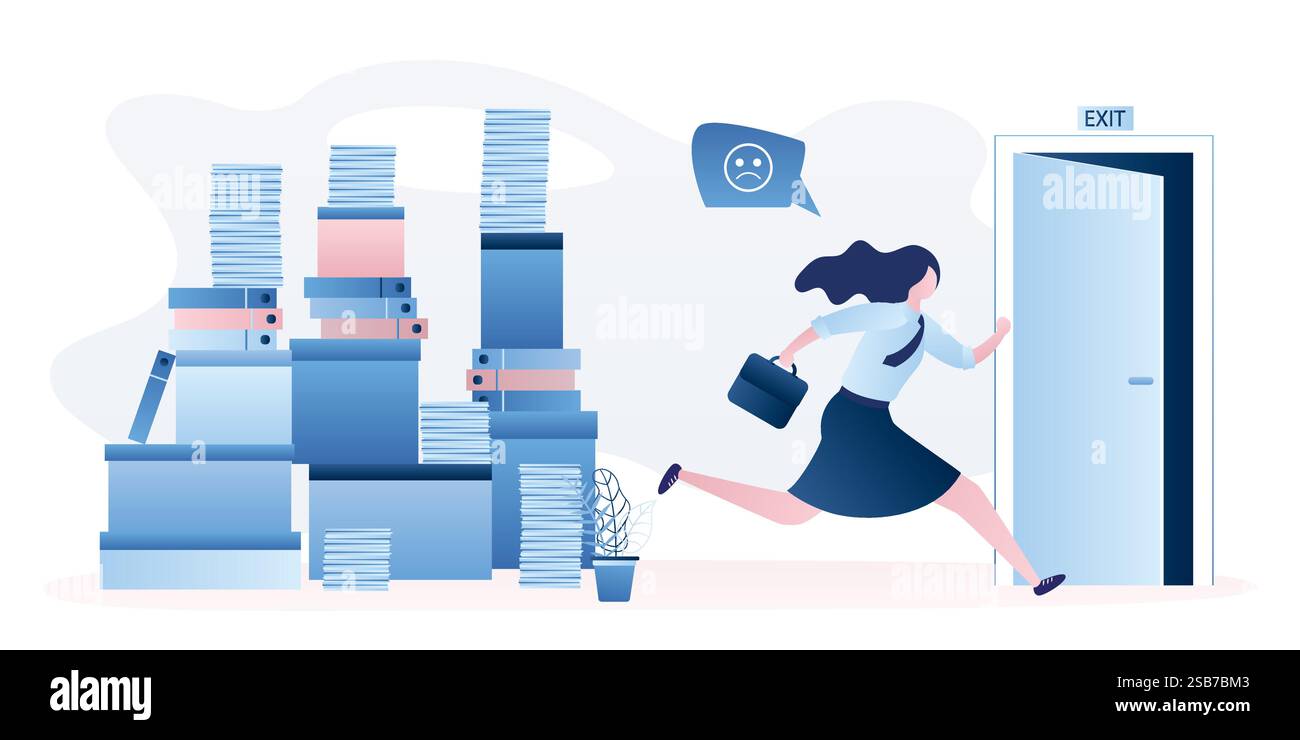 Woman office worker runs away from work. Female employee and huge heap ...
