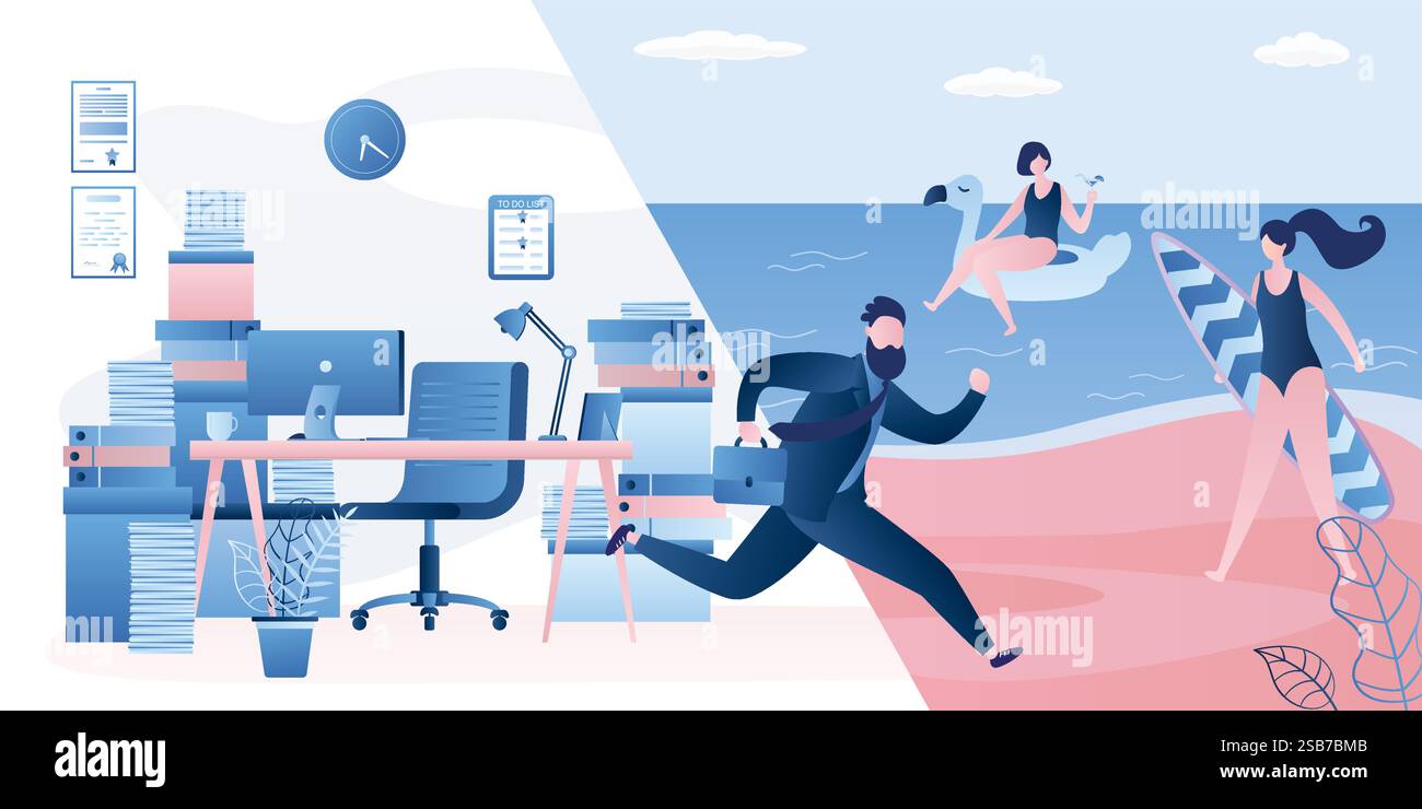 Office worker runs away from work to tropical beach. Male employee ...