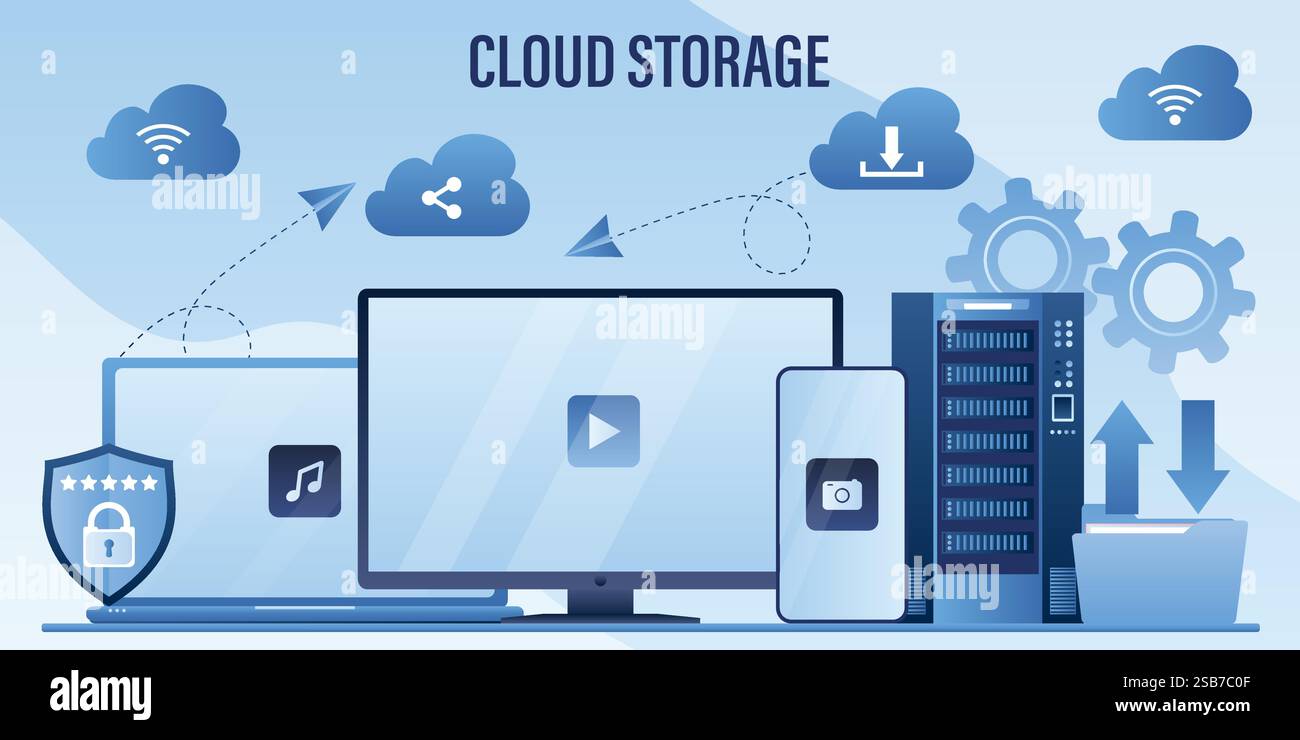 Hosting network service or online database storage system. Cloud storage technology concept ...