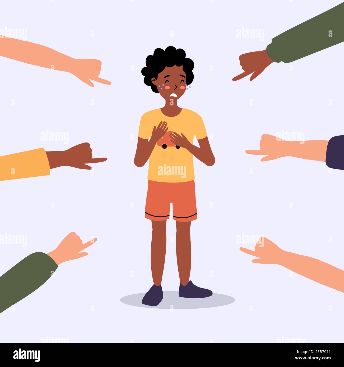 A young boy looks concerned as he faces several hands pointing at him ...