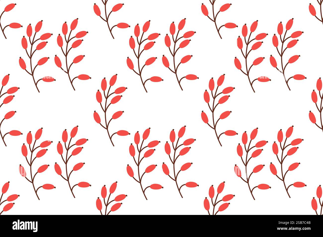 A repeating pattern of red berries on branches against a white ...