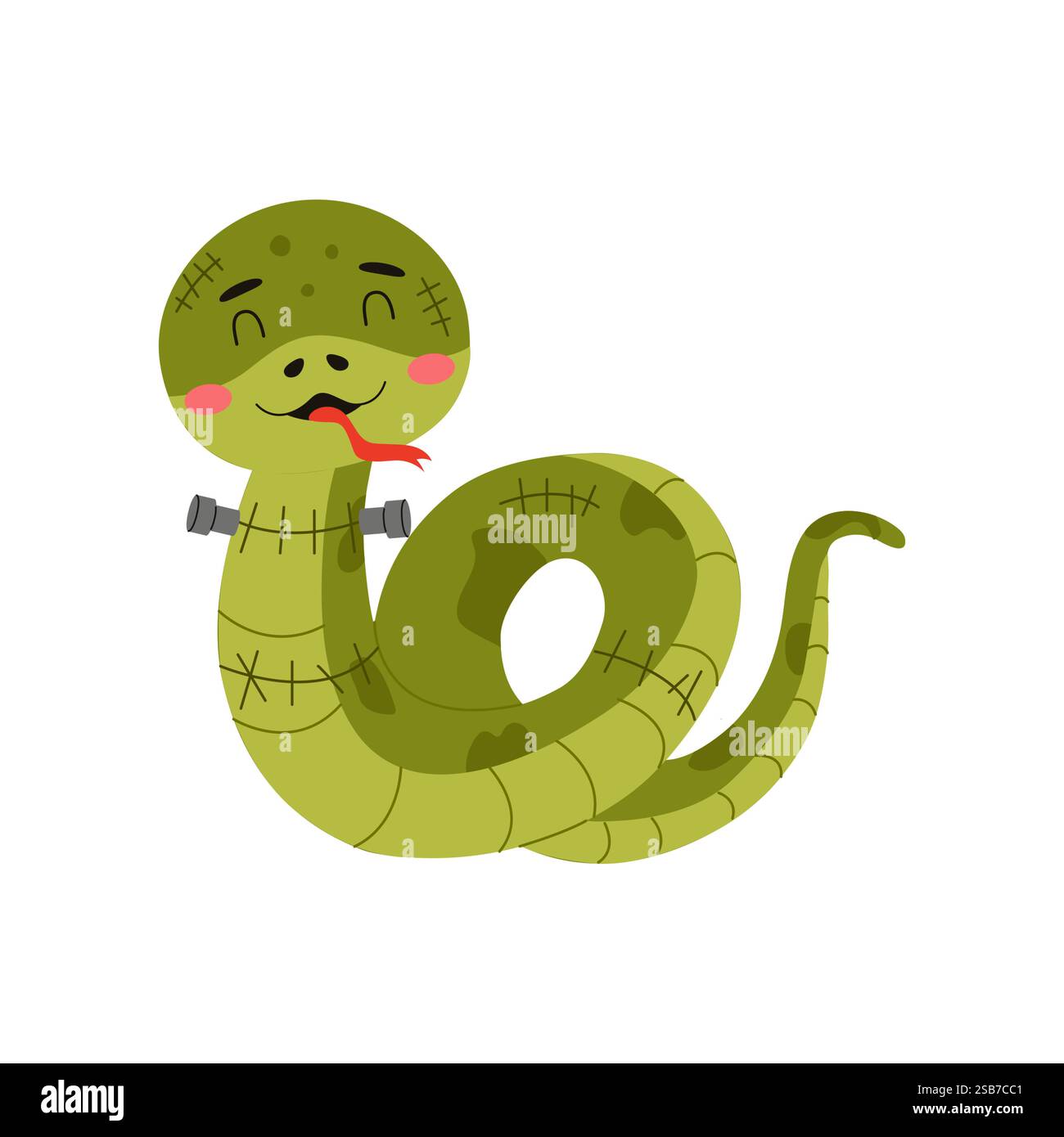 A cartoon green snake with stitched seams and a red tongue sticking out ...