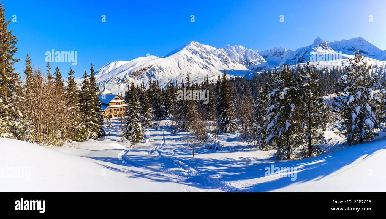 Panoramic view of mountain refuge "Murowaniec" in beautiful winter ...