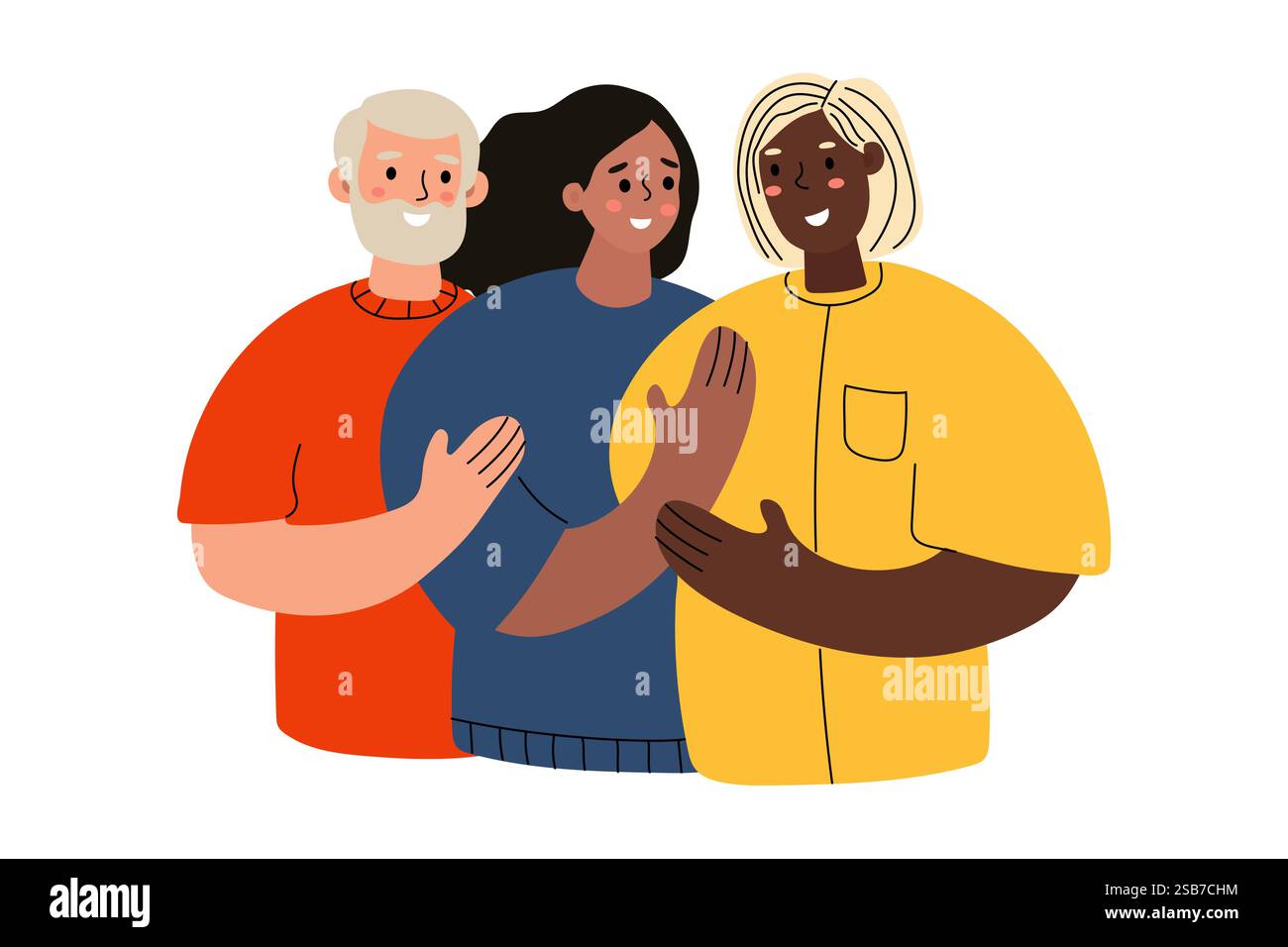 Three friends of different backgrounds stand close, smiling and ...