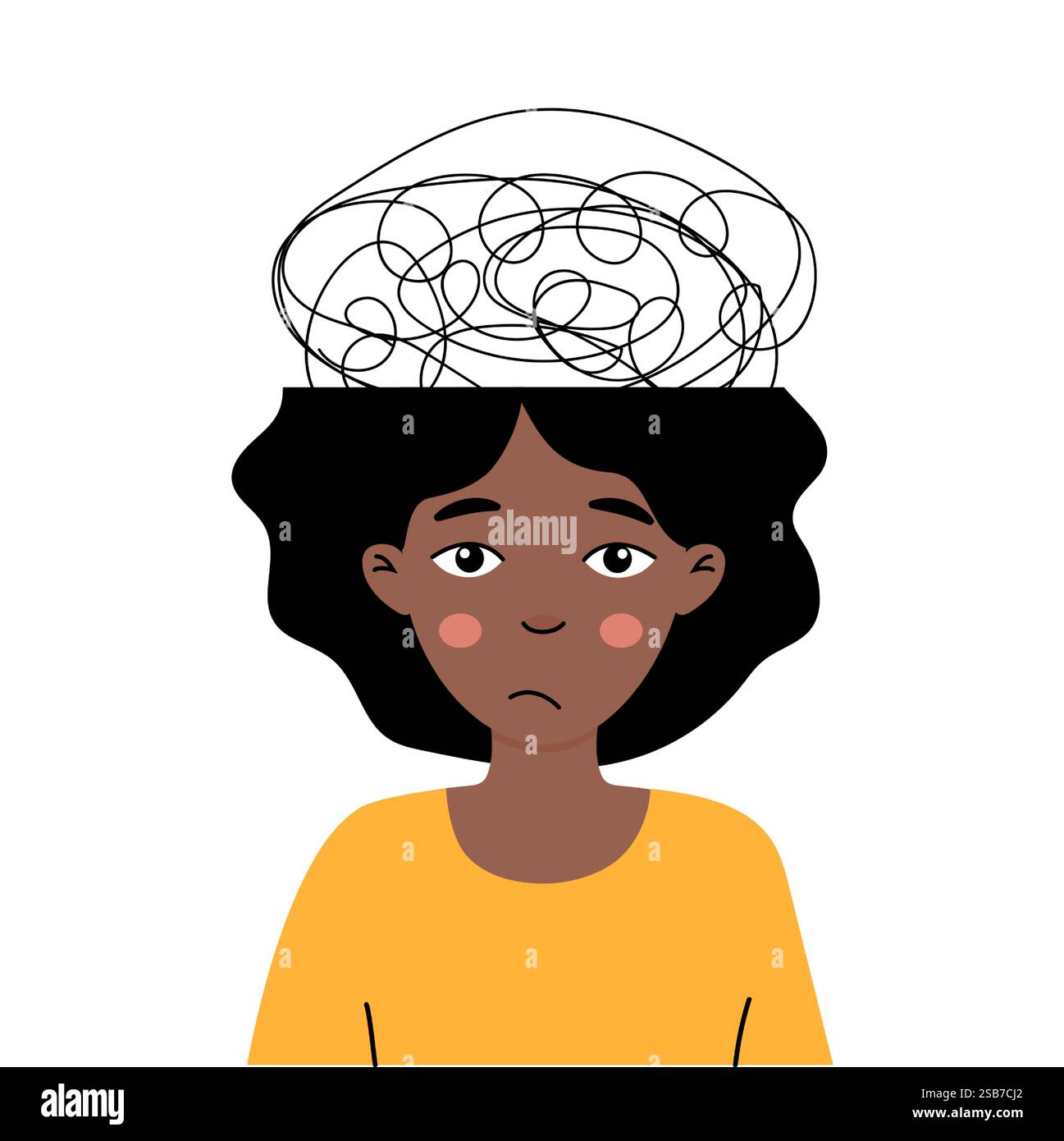 A young woman with curly hair appears troubled, her expression showing ...