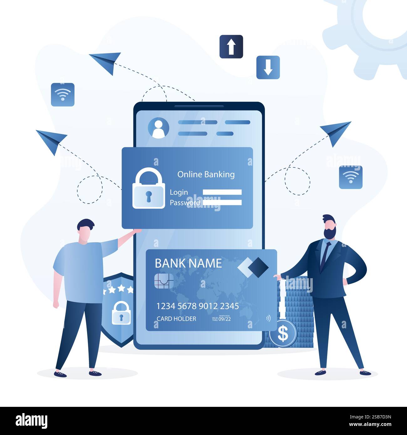 Online banking concept. Secure payments and e-wallet. User holding login and password page ...