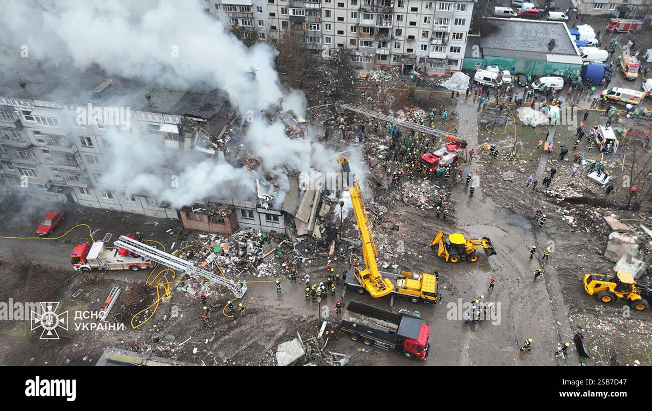In this photo provided by the Ukrainian Emergency Service, firefighters ...