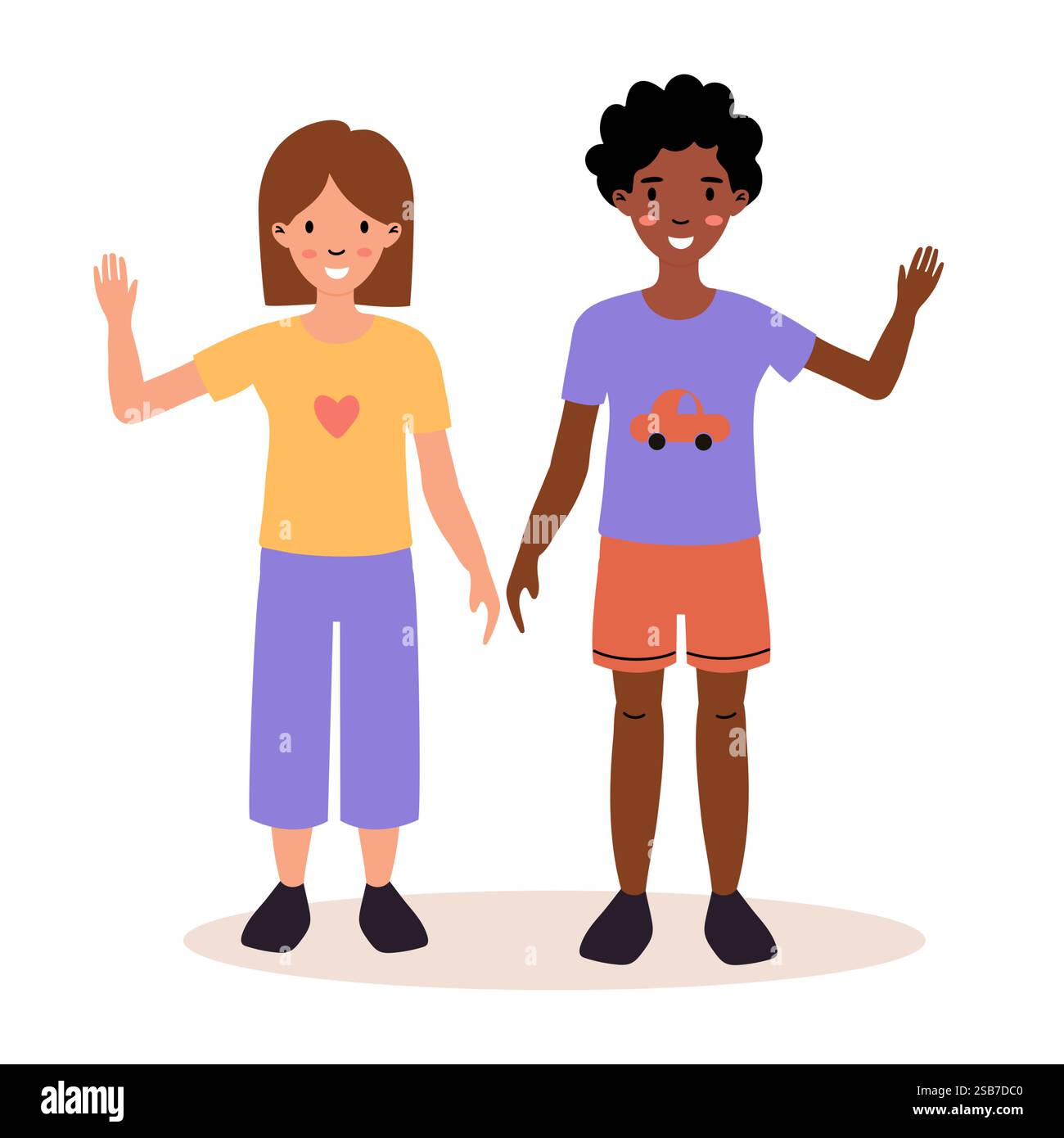 Two children waving happily in a cheerful, colorful illustration ...