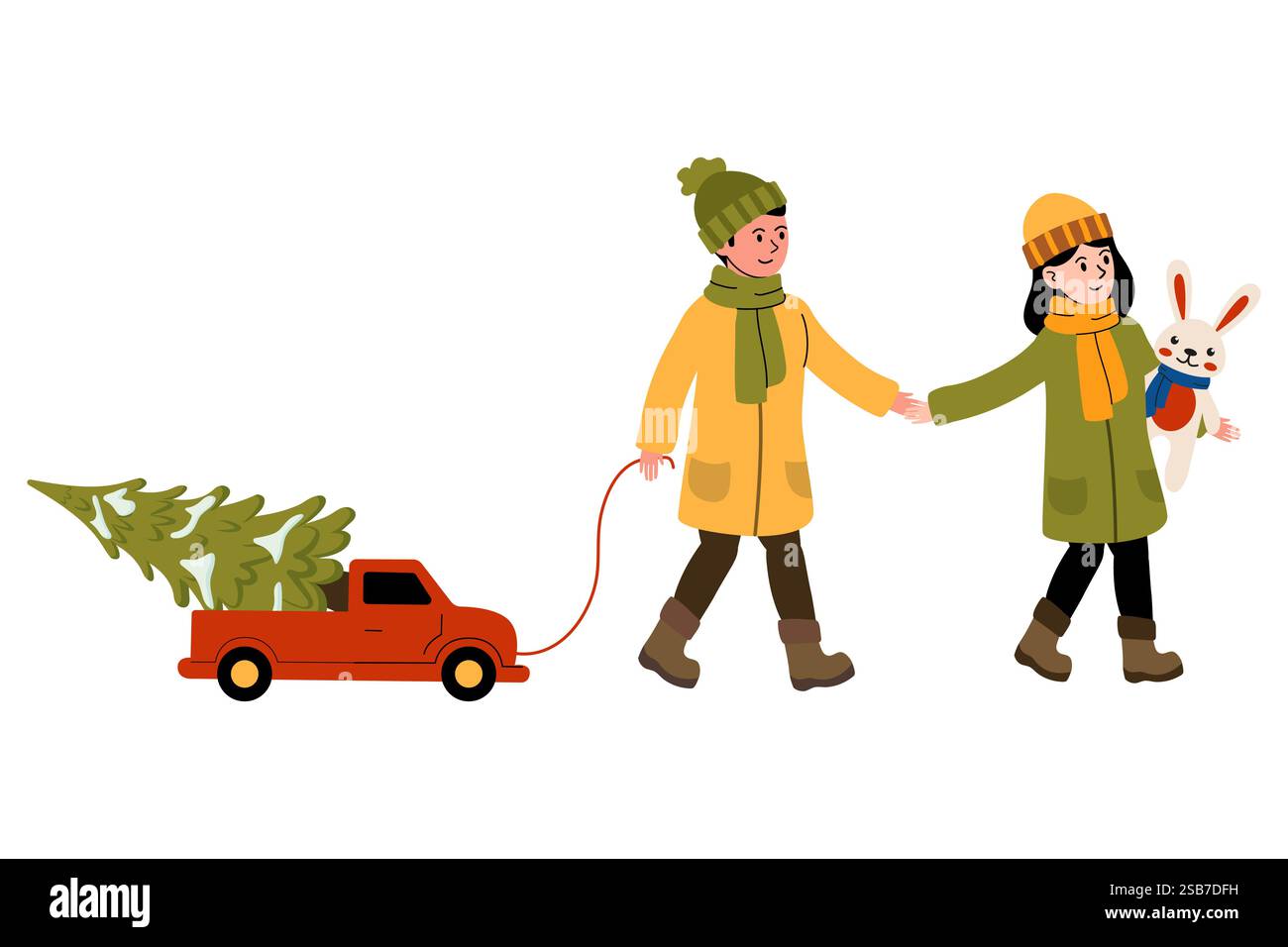 A couple walks hand in hand on a winter day, pulling a small truck with ...