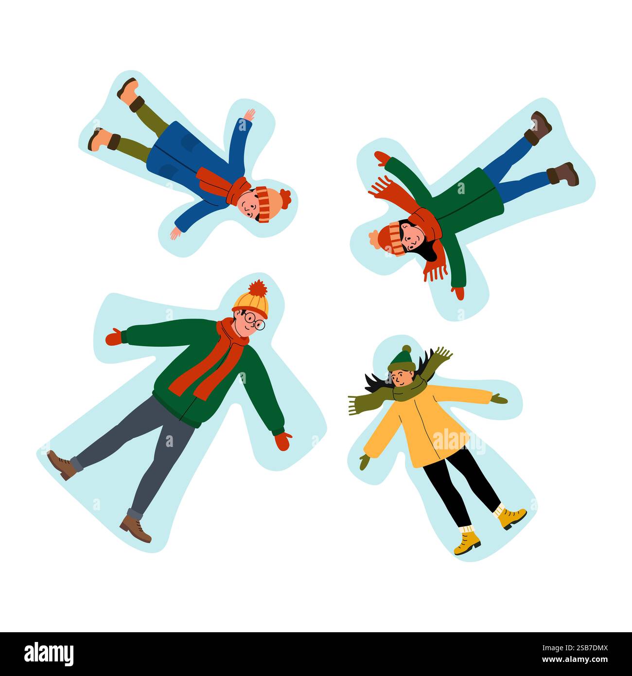 Four cheerful children are playing in the snow, lying on the ground and moving their arms and ...