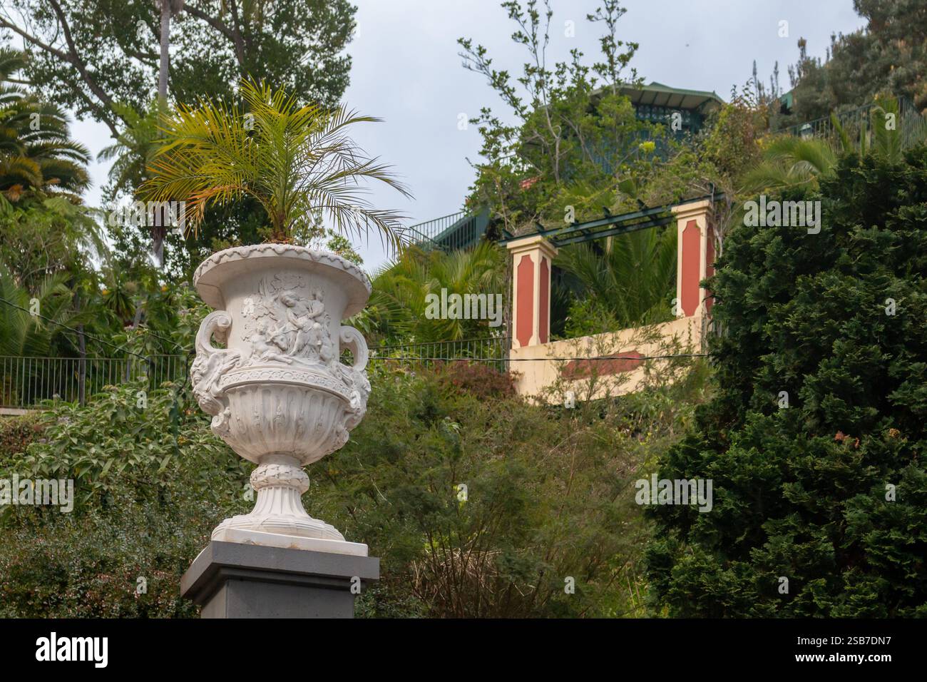 White classic baroque vase, standing on a column. Intense greenery of a ...