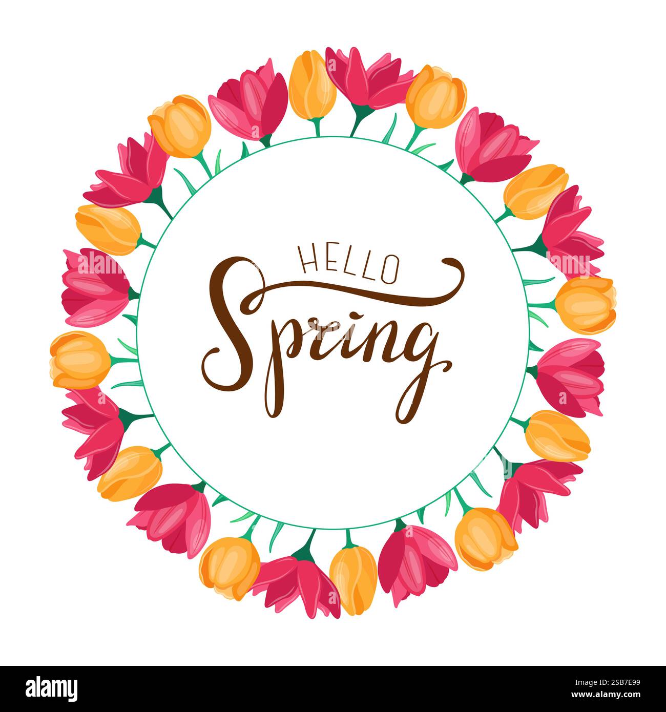 Hello Spring. Cute wreath with colorful flowers. Tulips. Vector ...