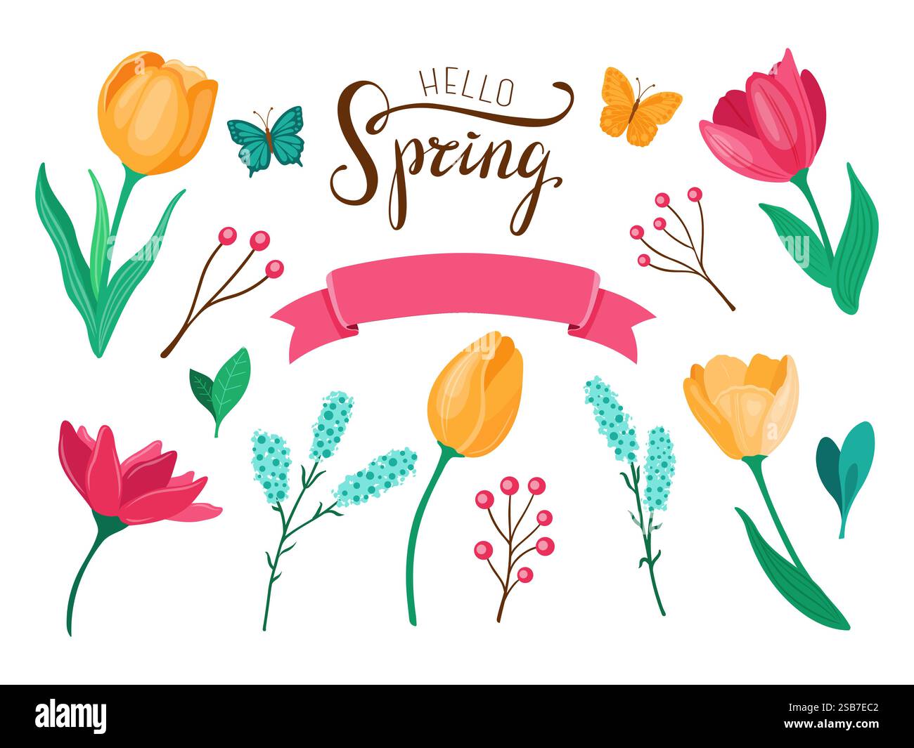Hello Spring. Floral vibrant set. Vector illustration Stock Vector ...