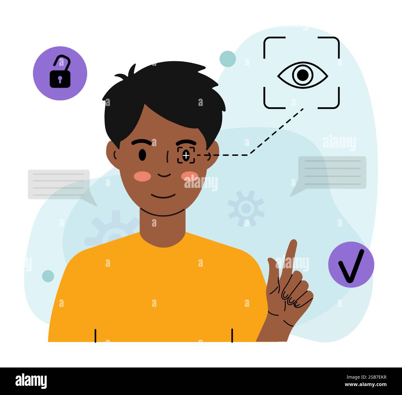 A man happily unlocks a device with an iris scanner by looking directly ...