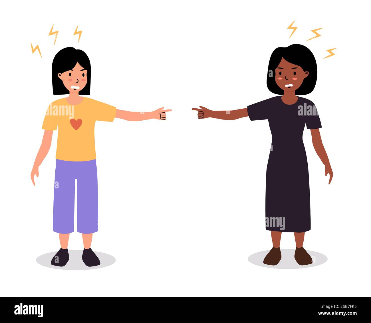 Two women stand apart, displaying disagreement through their gestures ...