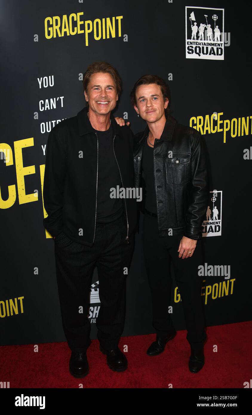 Actor Rob Lowe poses with actor/son John Owen Lowe at the Los Angeles premiere of "Grace Point ...