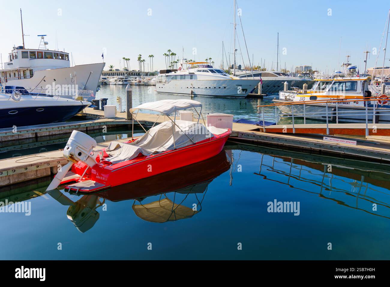 Los Angeles, California - December 17, 2024: Bright red motorboat ...