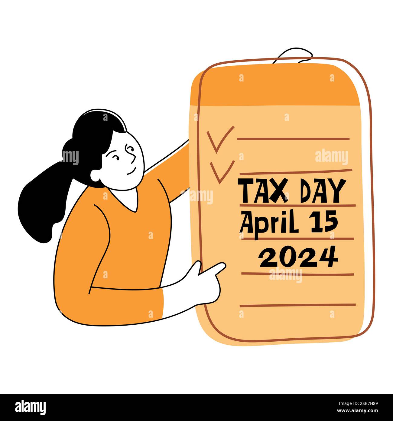 A woman is pointing at a tax day sign with a serious expression Stock ...